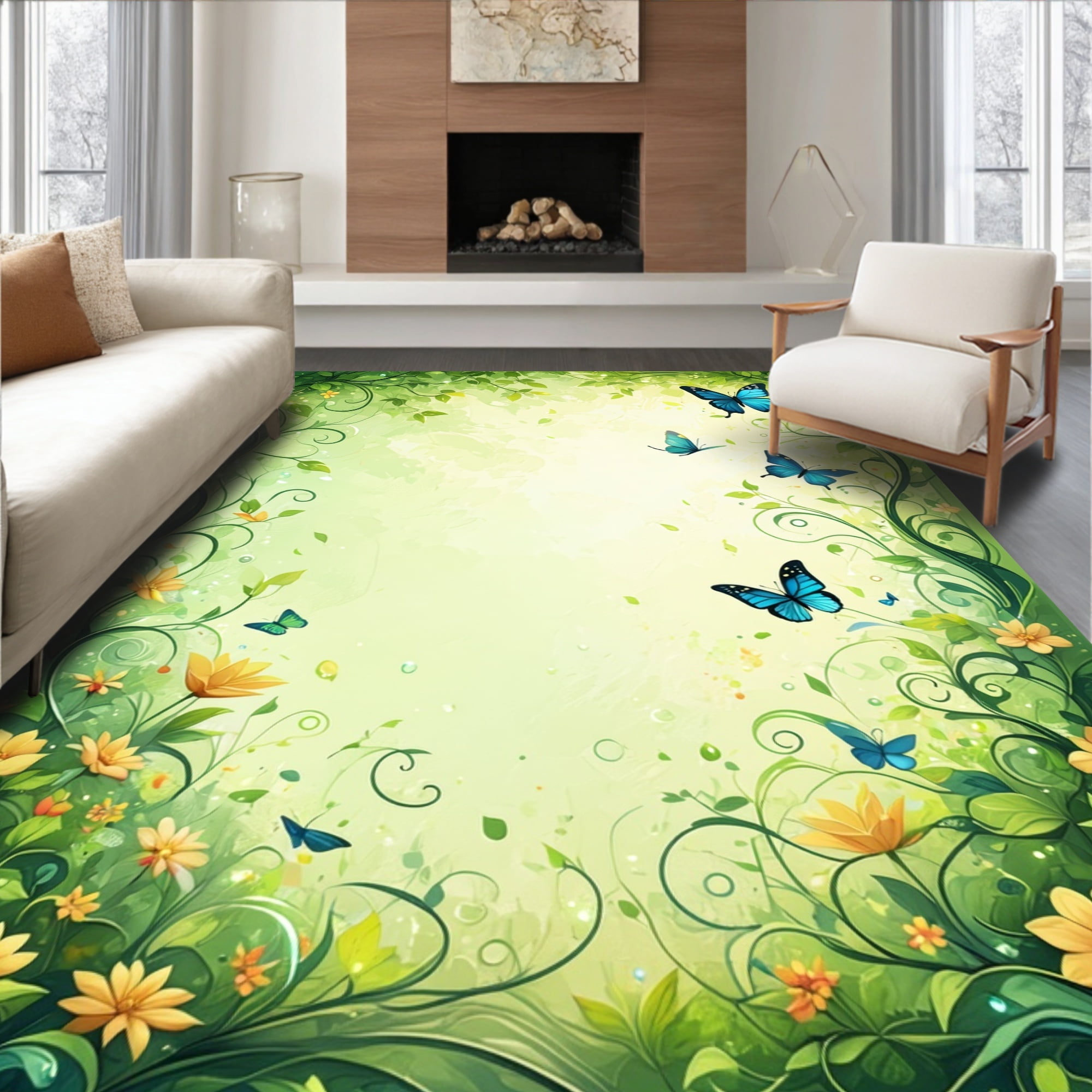Flatwoven High Traffic Area Rug, Artistic Floral and Butterfly Print ...