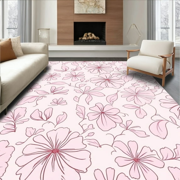 Flatwoven High Traffic Area Rug, Artistic Floral Dreamscape with Pink ...