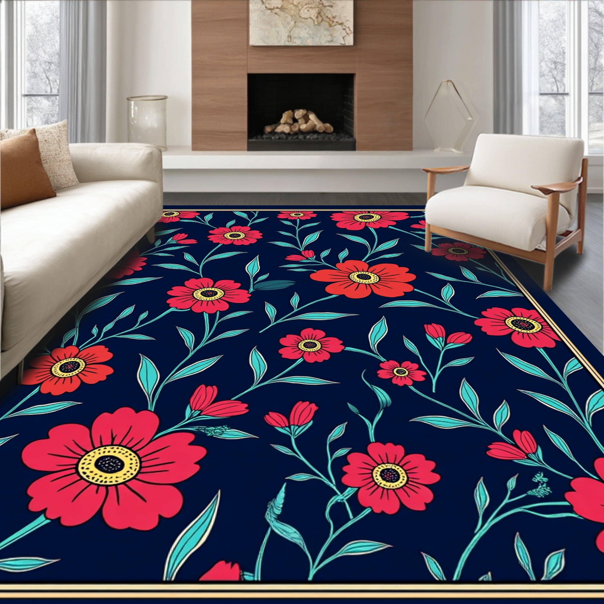 Flatwoven High Traffic Area Rug, Artistic Flower Arrangement with ...