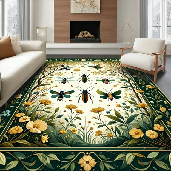 Flatwoven High Traffic Area Rug, Artistic Insect and Nature Motif ...