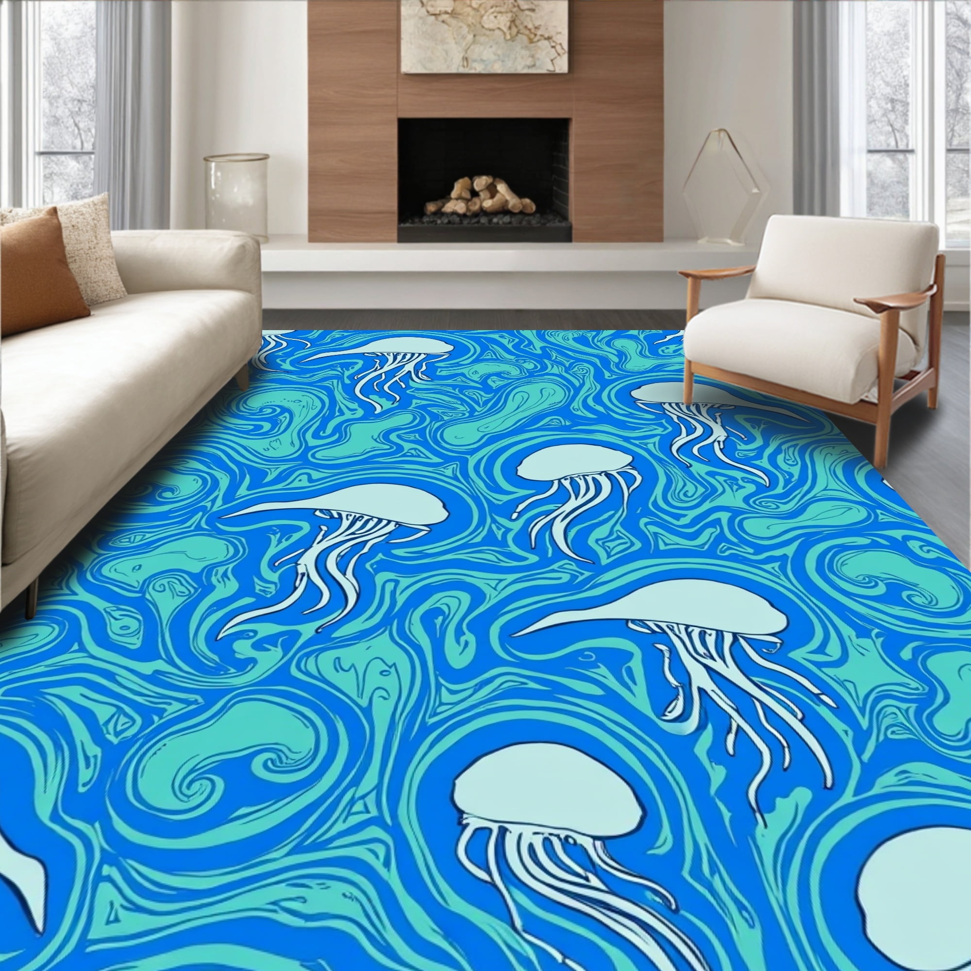 Flatwoven High Traffic Area Rug, Artistic Marine Life Area with ...
