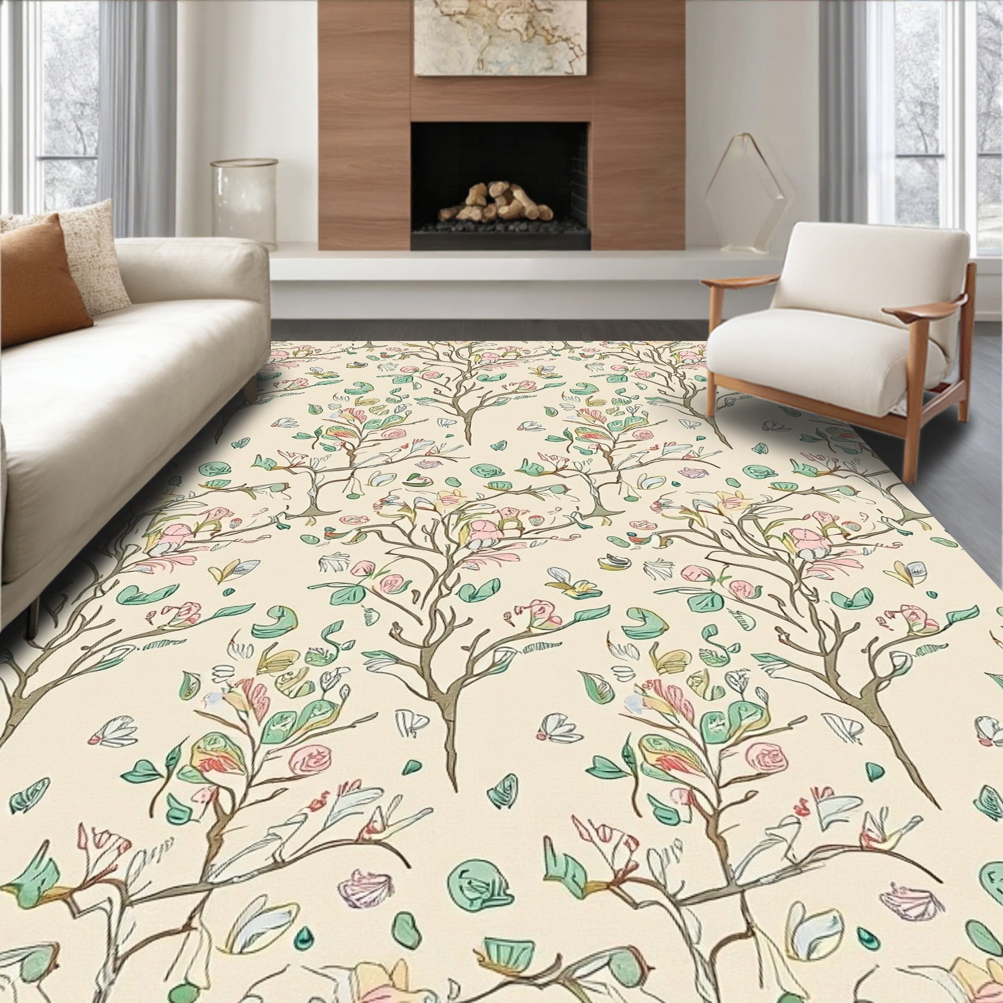 Flatwoven High Traffic Area Rug, Avian Serenade Floral Bird Song, Non ...