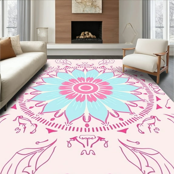 Flatwoven High Traffic Area Rug, Azure Petal Pink & Light Blue Floral ...