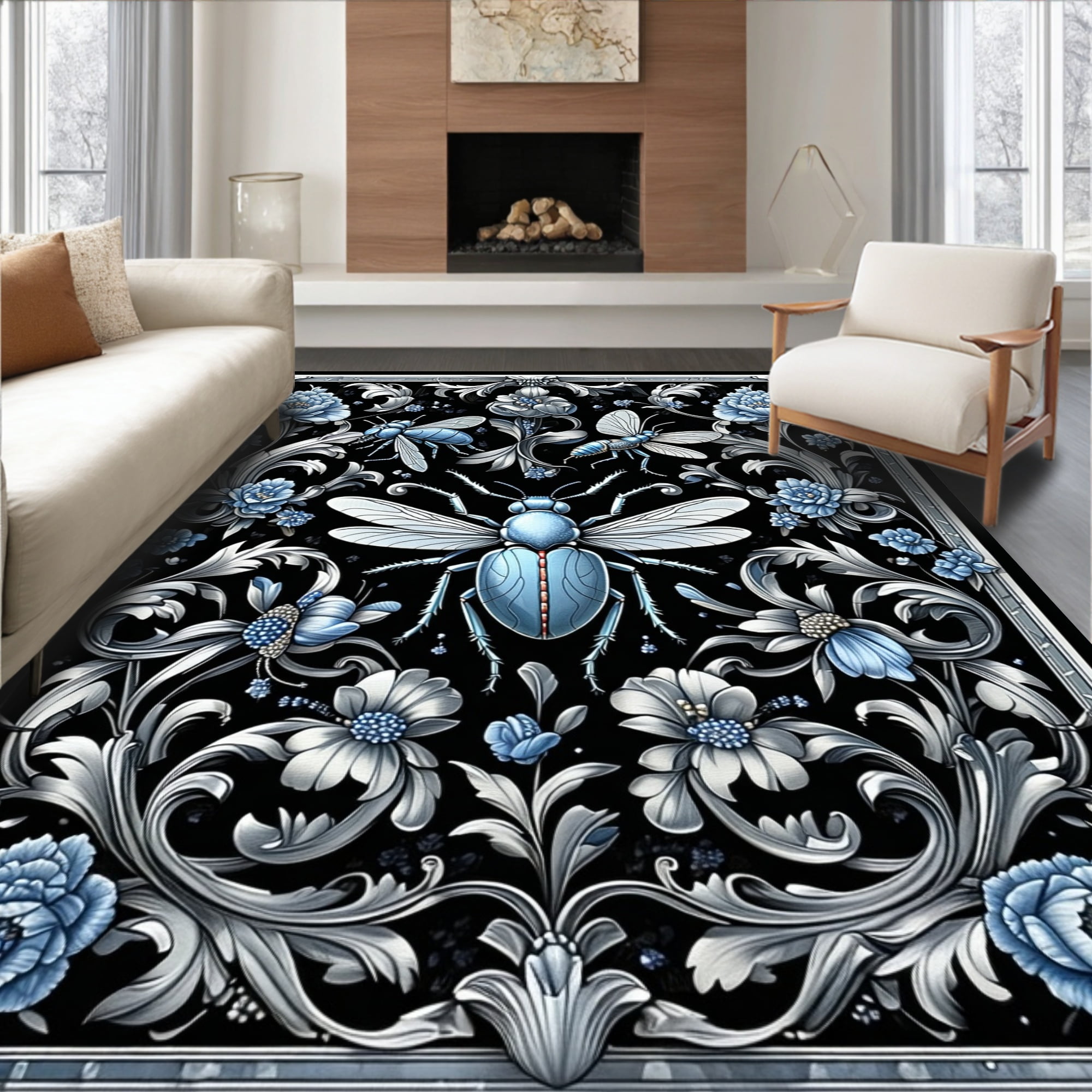 Flatwoven High Traffic Area Rug, Baroque Insect Tapestry with Ornate ...