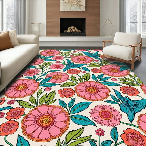 Flatwoven High Traffic Area Rug, Birds & Blooms Whimsical Floral, Non ...
