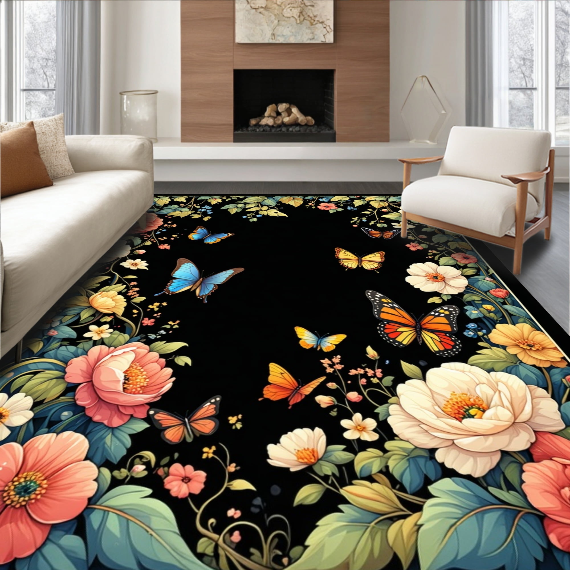 Flatwoven High Traffic Area Rug, Black Butterfly Garden Whimsical ...