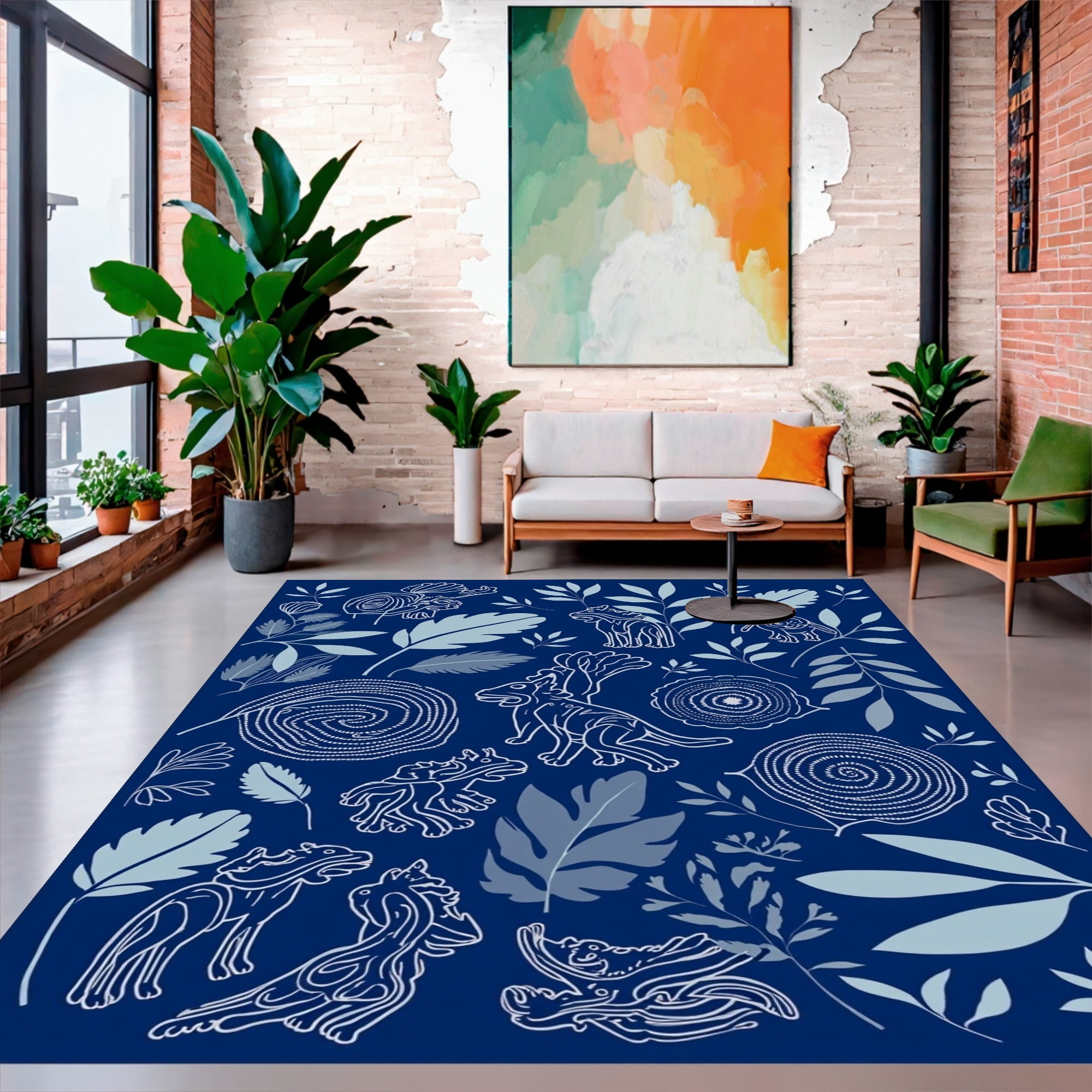 Flatwoven High Traffic Area Rug, Blue Toned Abstract Wildlife Motif ...