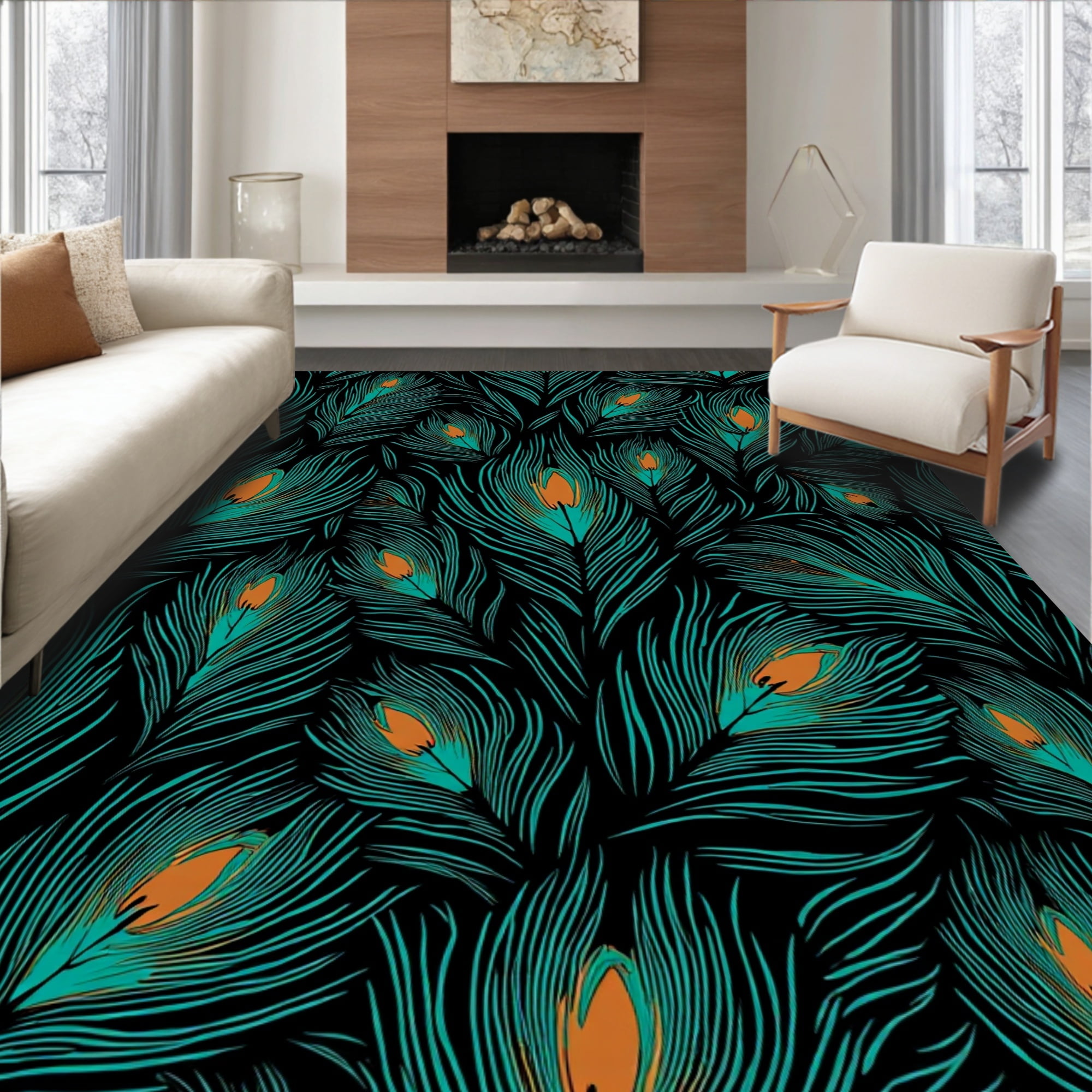Flatwoven High Traffic Area Rug, Boho Chic Fan Shaped Peacock Feather ...