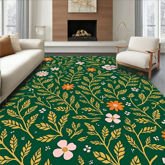 Flatwoven High Traffic Area Rug, Boho Floral with Stylized Deer and ...