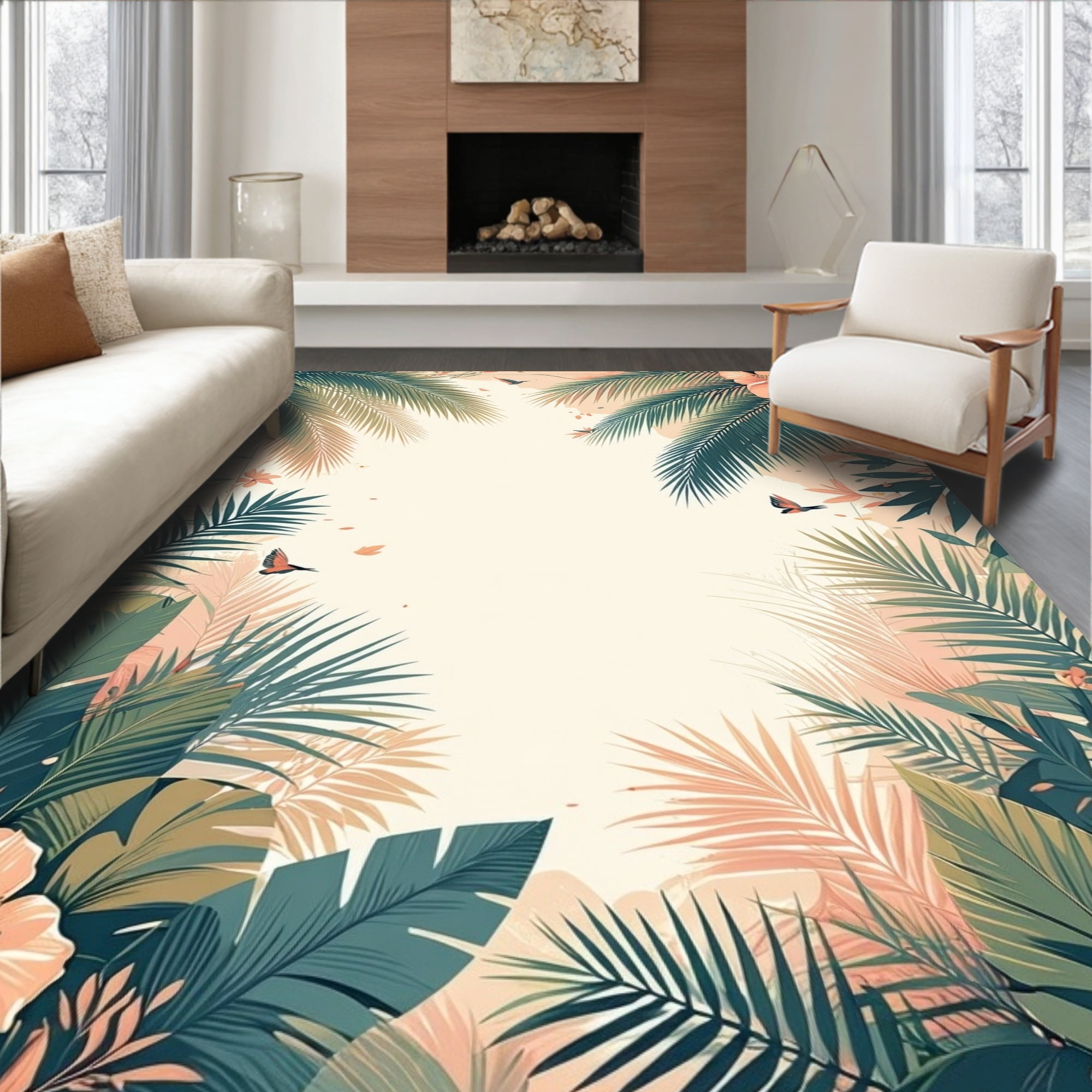 Flatwoven High Traffic Area Rug, Boho Tropical Leaf with Ornate Floral ...