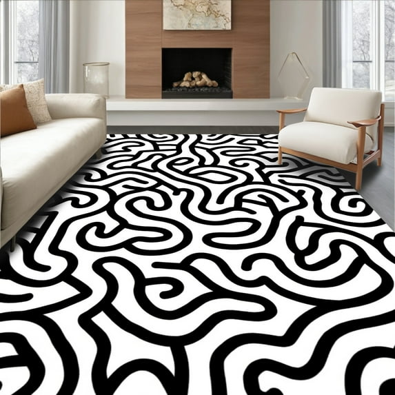 Flatwoven High Traffic Area Rug, Bold Black and White Serpentine Design ...