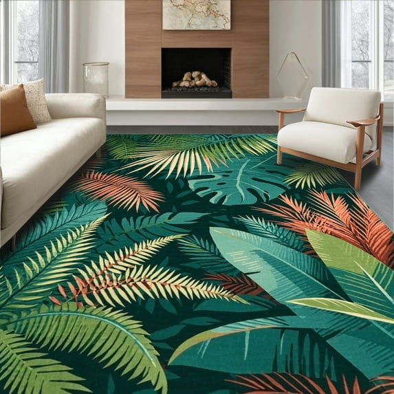 Flatwoven High Traffic Area Rug, Bold Jungle Foliage Motif with Bright ...