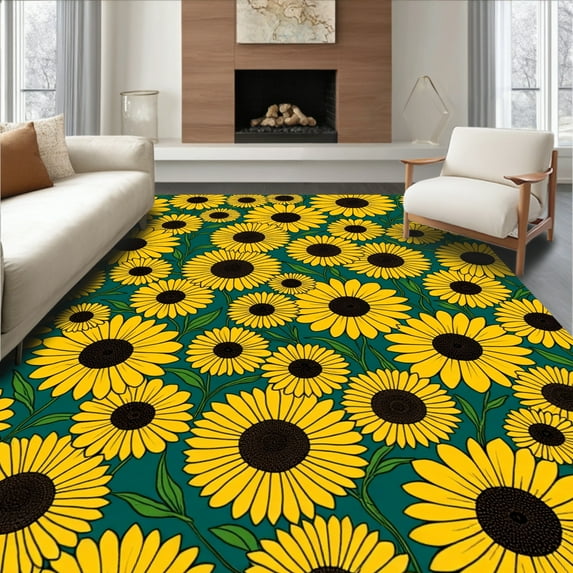 Flatwoven High Traffic Area Rug, Bold Sunflower Bloom, Non Slip, Stain ...