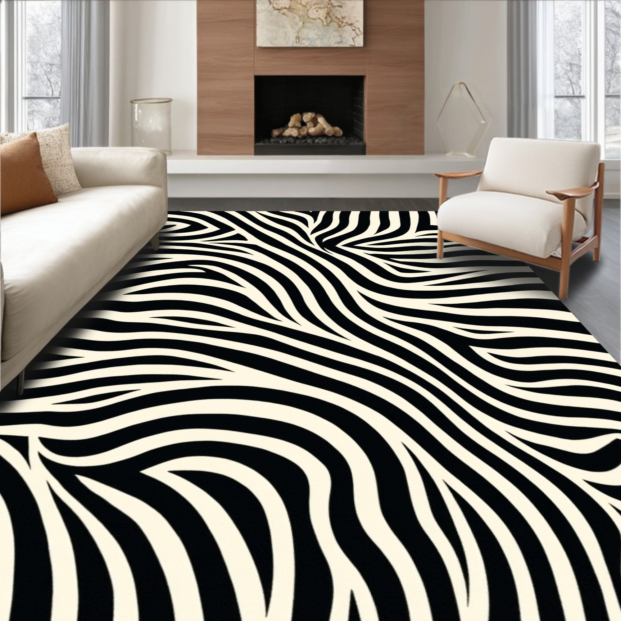 Flatwoven High Traffic Area Rug, Bold Zebra Stripe Illusion with Dynamic Black and Cream Flow ...