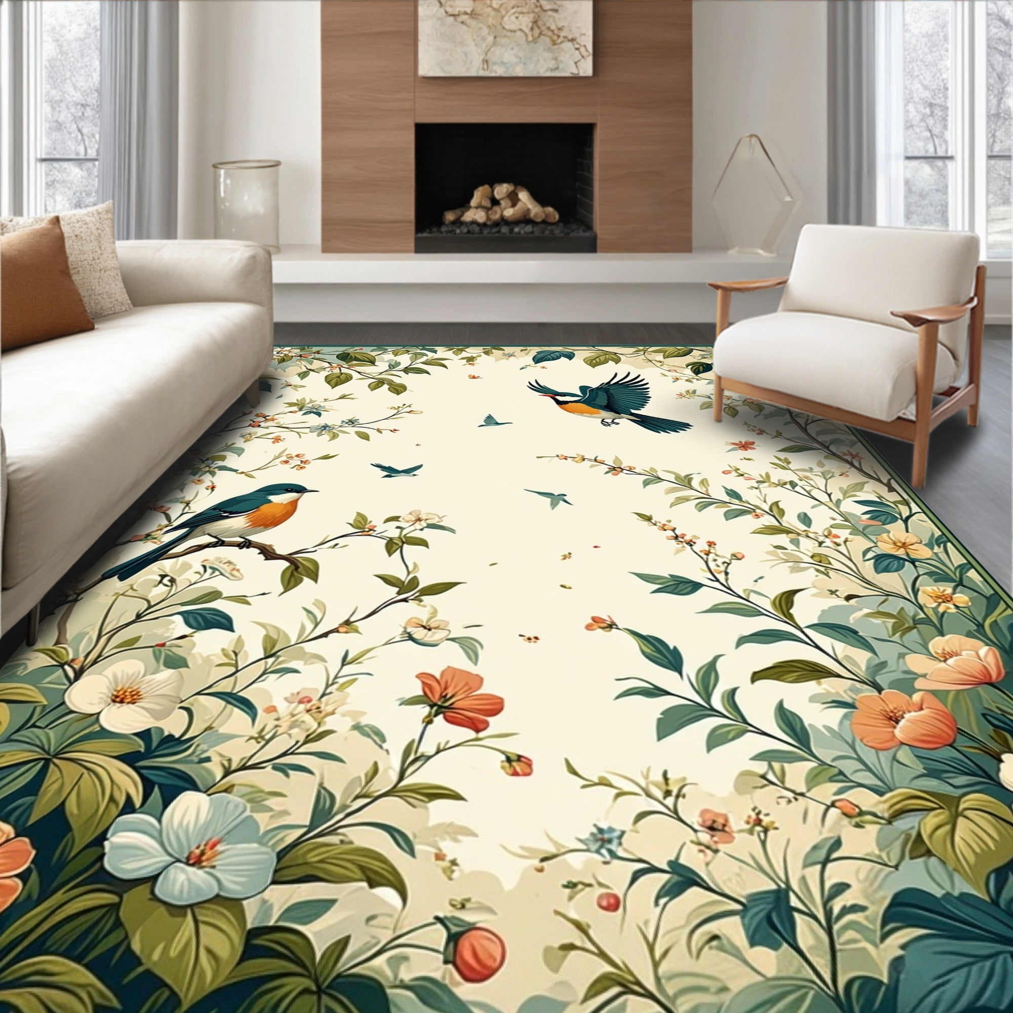 Flatwoven High Traffic Area Rug, Botanical Bird & Bloom Vintage Charm ...