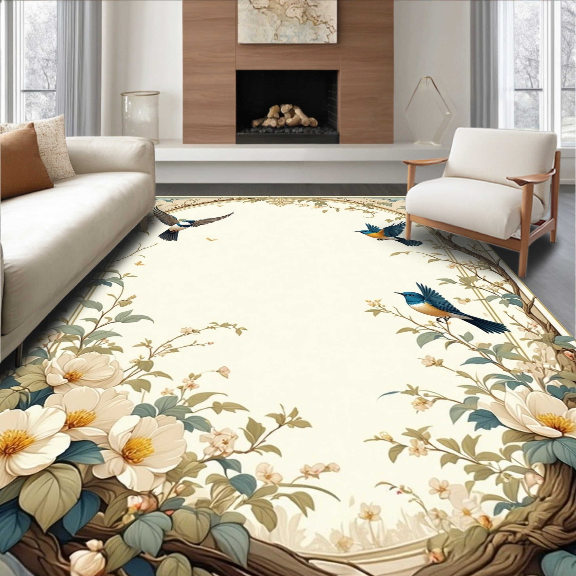 Flatwoven High Traffic Area Rug, Botanical Birds Paradise Circle Floor ...