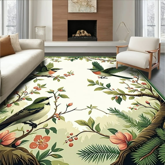 Flatwoven High Traffic Area Rug, Botanical Birdsong Design with ...