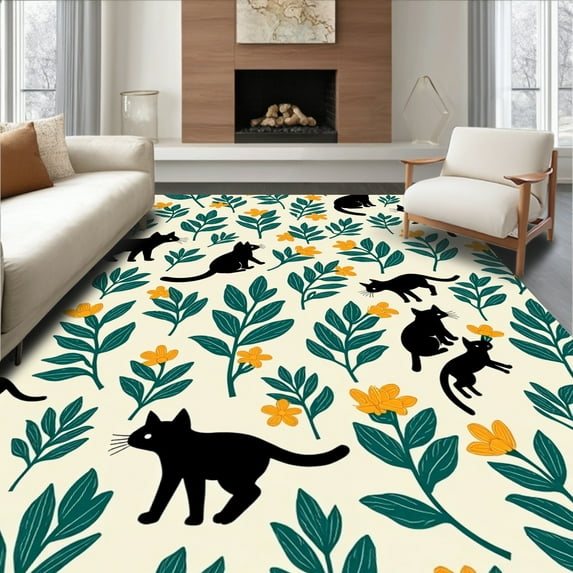 Flatwoven High Traffic Area Rug, Botanical Black Cat Art Motif, Non ...