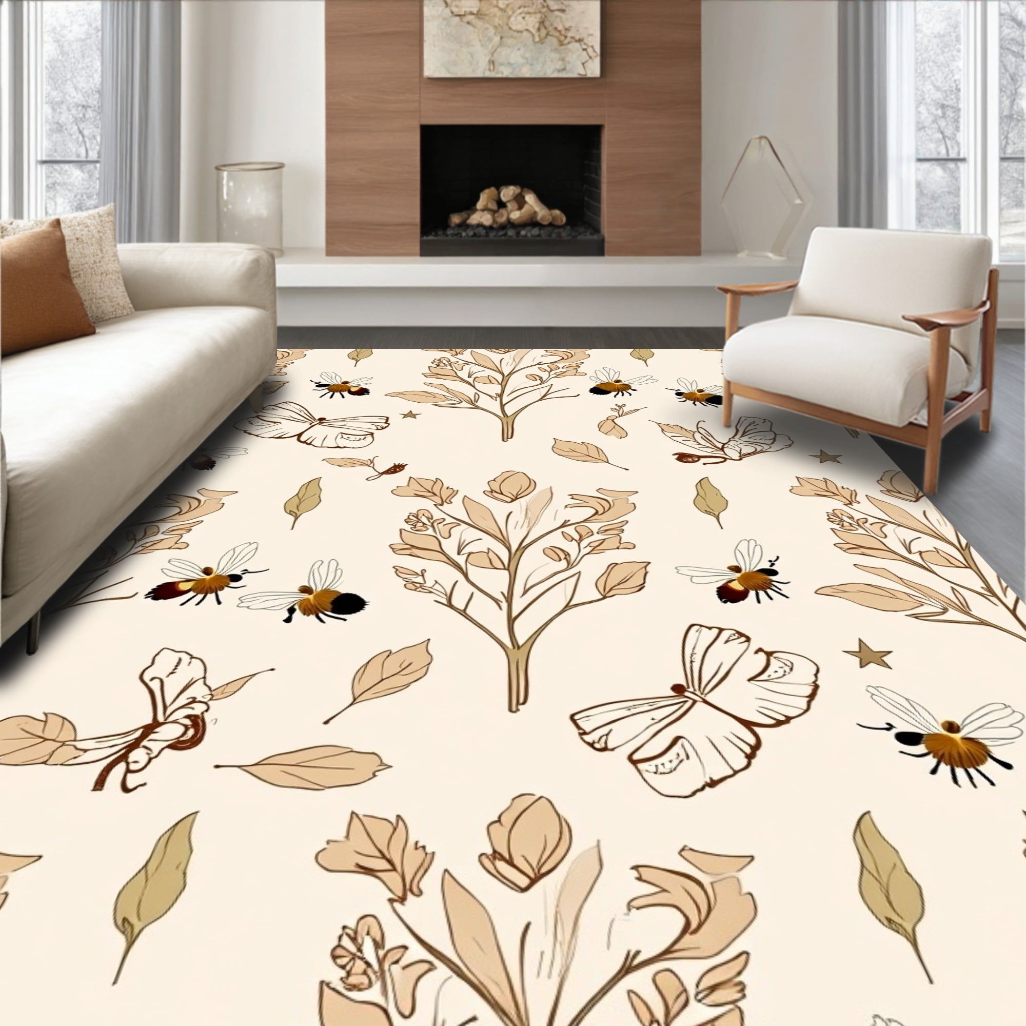 ODIKA 8' Machine Washable Non-Slip Area Rug, Botanical Bug Study ...