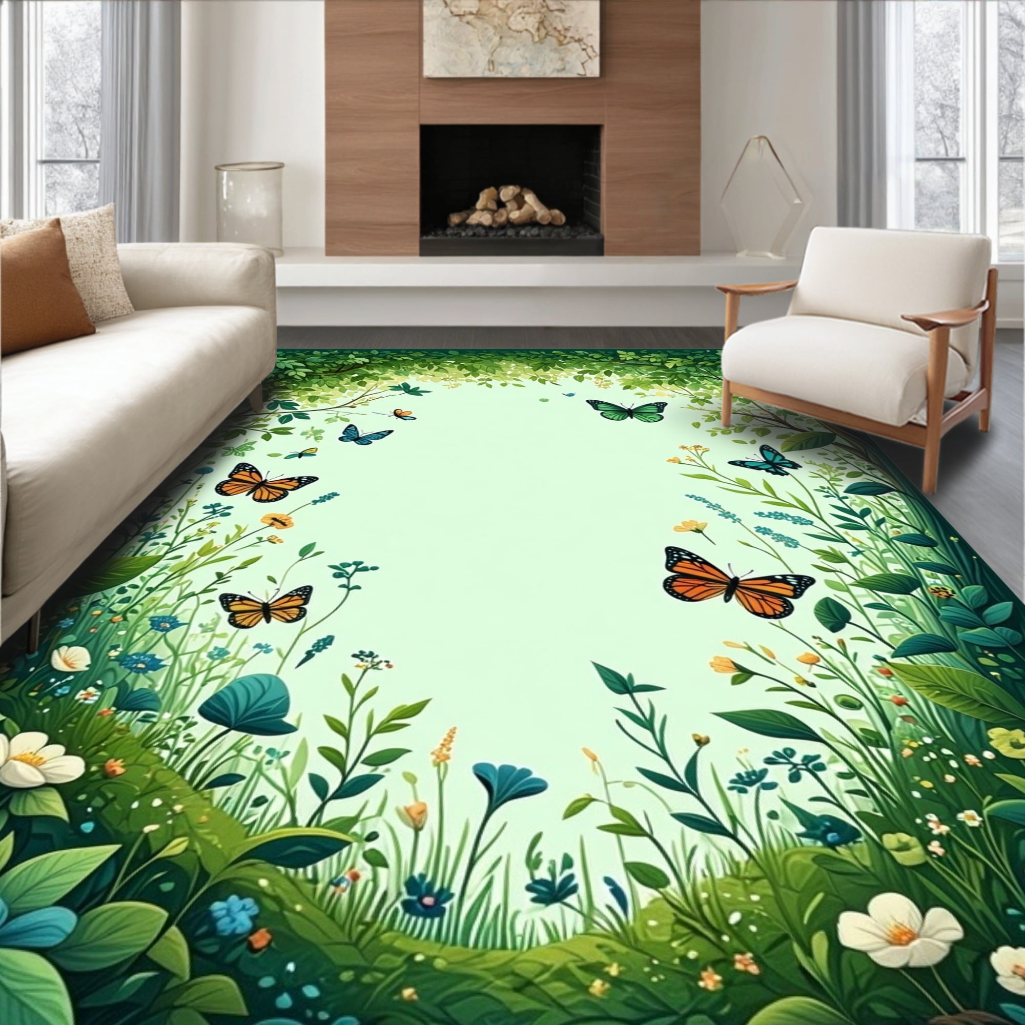 Flatwoven High Traffic Area Rug, Botanical Bugs Emerald Garden Flutter ...