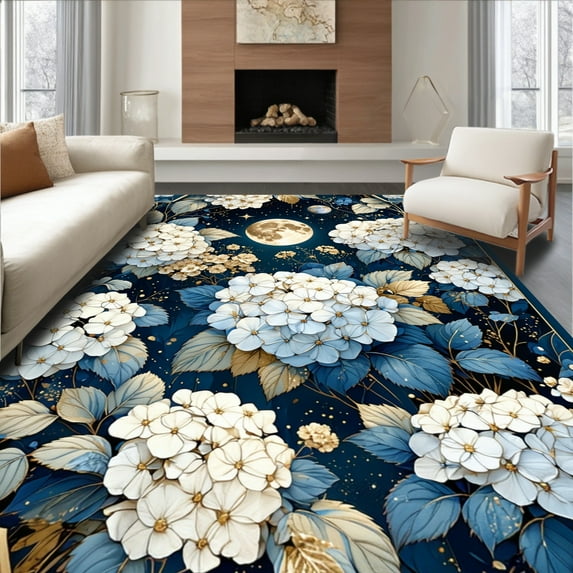 Flatwoven High Traffic Area Rug, Botanical Hexagonal Hydrangea and ...