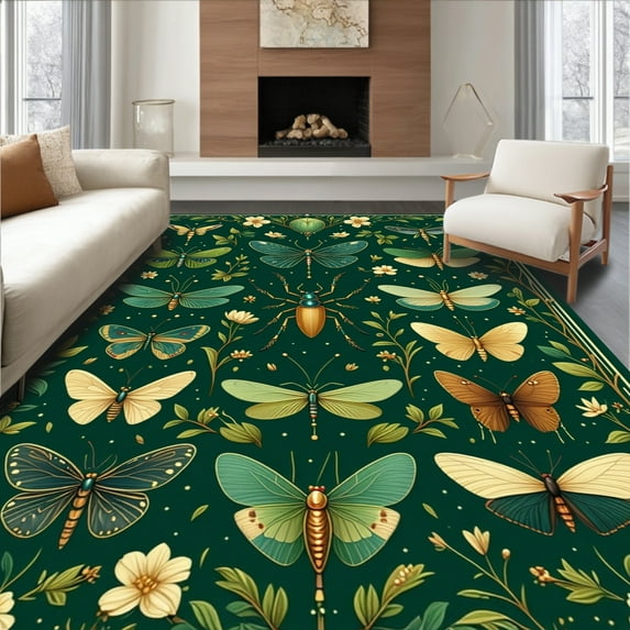 Flatwoven High Traffic Area Rug, Botanical Insect Collection Decorative ...