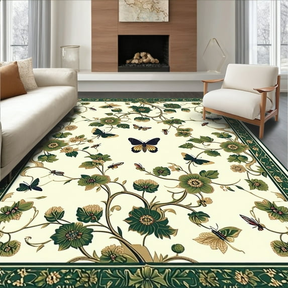 Flatwoven High Traffic Area Rug, Botanical Insect Delicate Floral ...