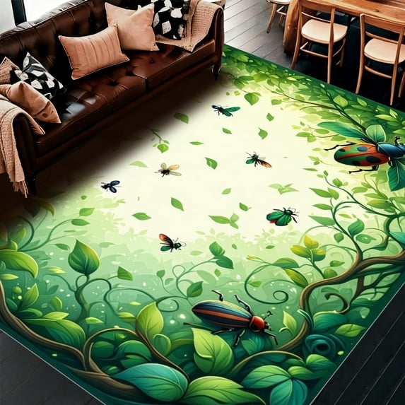 Flatwoven High Traffic Area Rug, Botanical Insect Fusion with Stylized ...