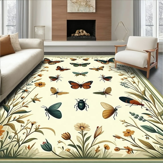 ODIKA 6'x9' Machine Washable Non-Slip Area Rug, Botanical Insect Garden ...