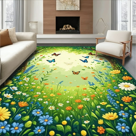 Flatwoven High Traffic Area Rug, Botanical Insect Spring Meadow Design ...