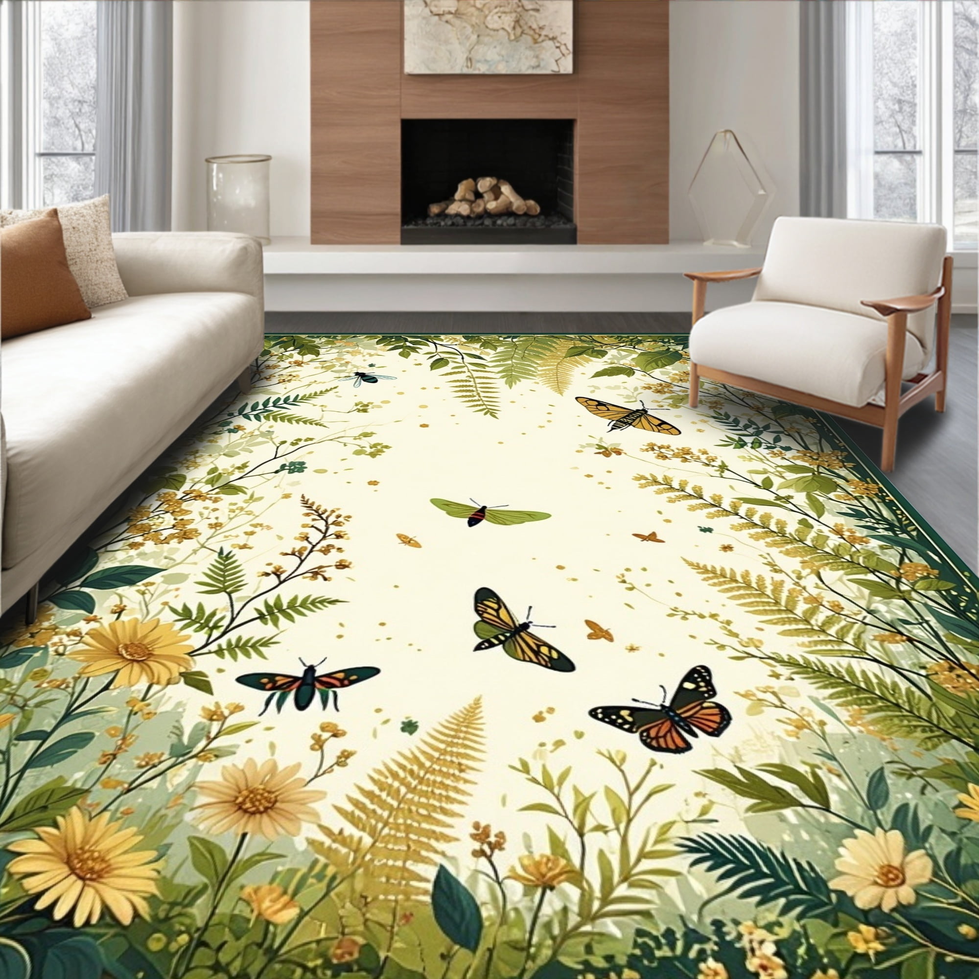 Flatwoven High Traffic Area Rug, Botanical Meadow with Whimsical Insect ...