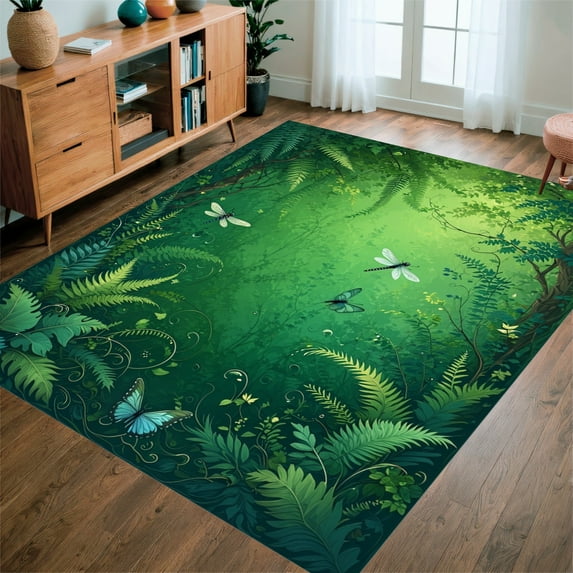 Flatwoven High Traffic Area Rug, Botanical Medley with Stylized Ferns ...