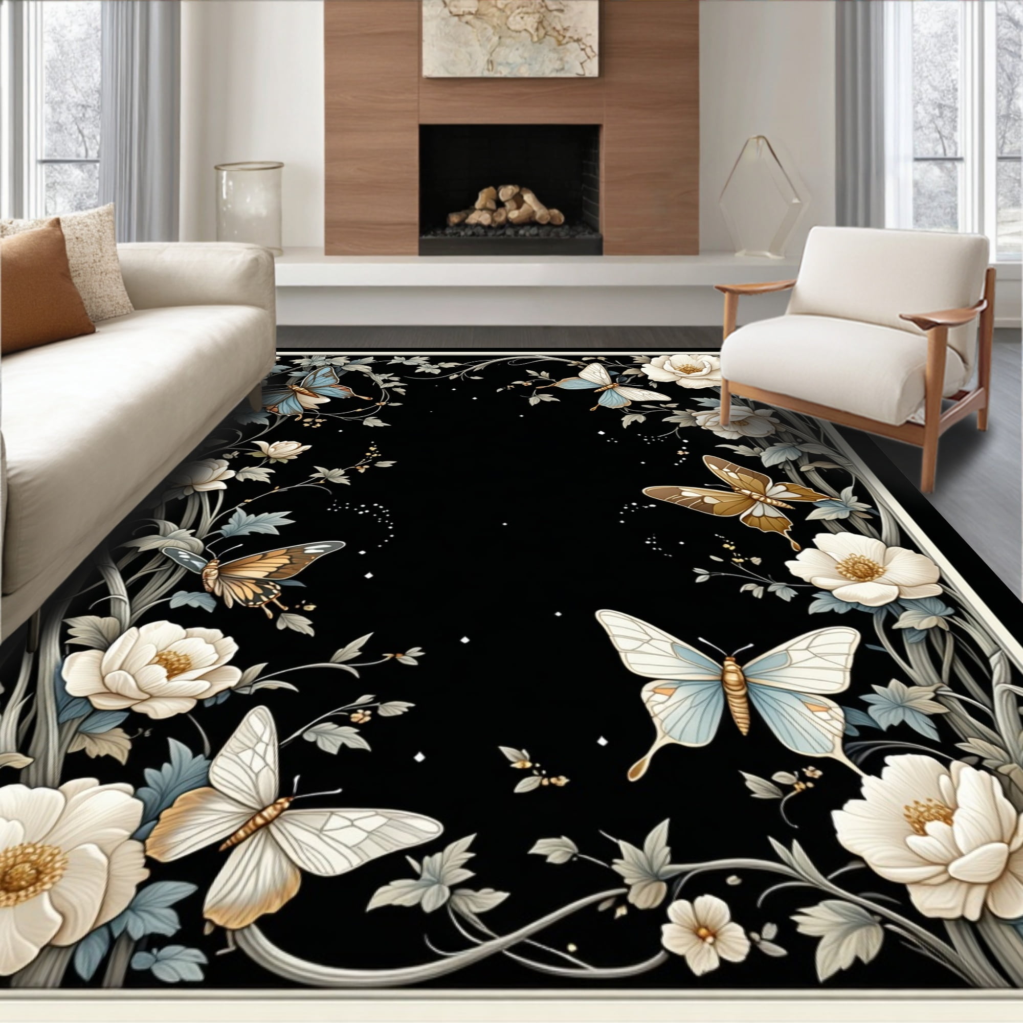 Flatwoven High Traffic Area Rug, Botanical Moth Dance with Art Nouveau ...