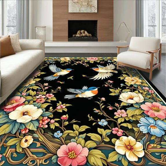 Flatwoven High Traffic Area Rug, Botanical Rhapsody Avian & Blossom Art ...