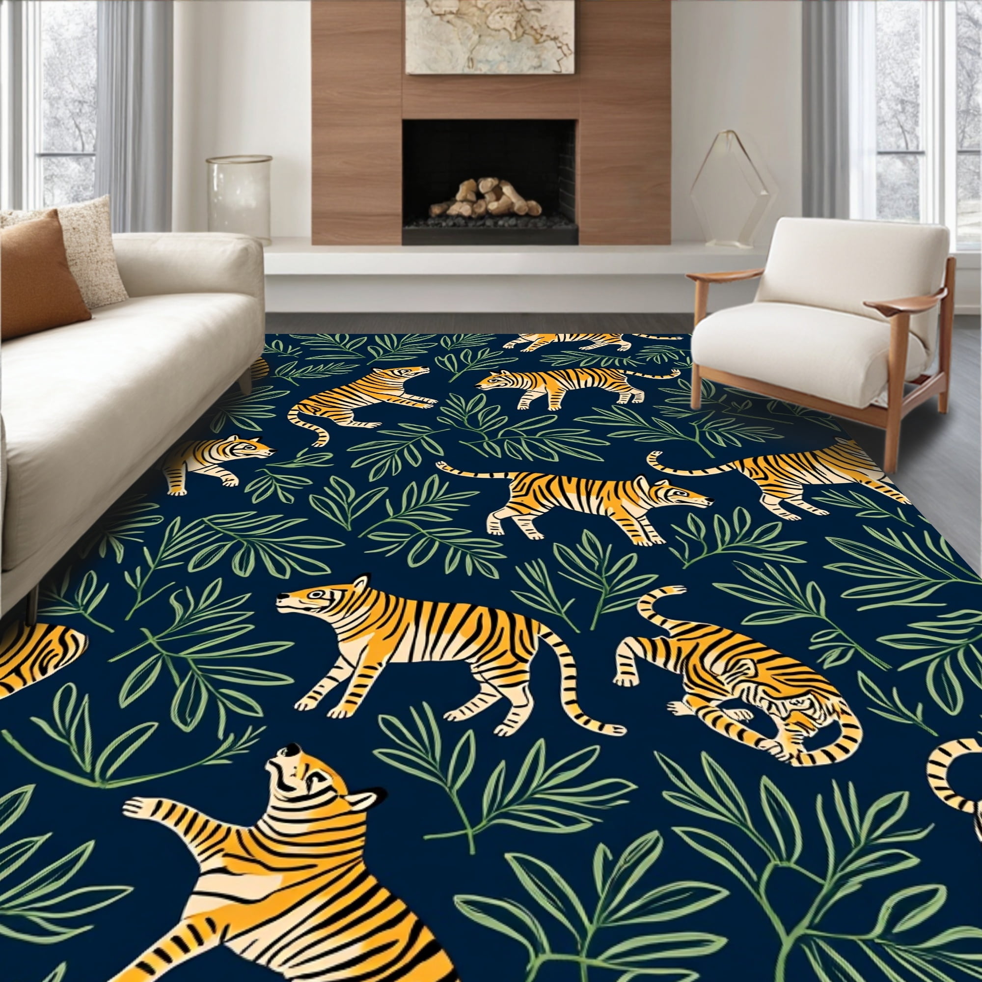 Flatwoven High Traffic Area Rug, Botanical Tiger Motif with ...