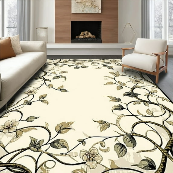 Flatwoven High Traffic Area Rug, Botanical Vinework Motif with Stylized ...