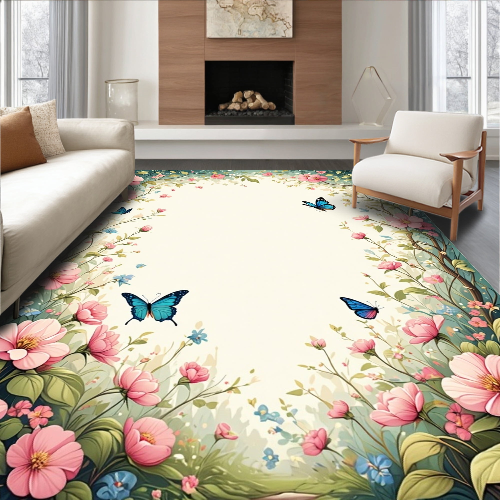 Flatwoven High Traffic Area Rug, Butterfly Bloom Whimsical Floral ...