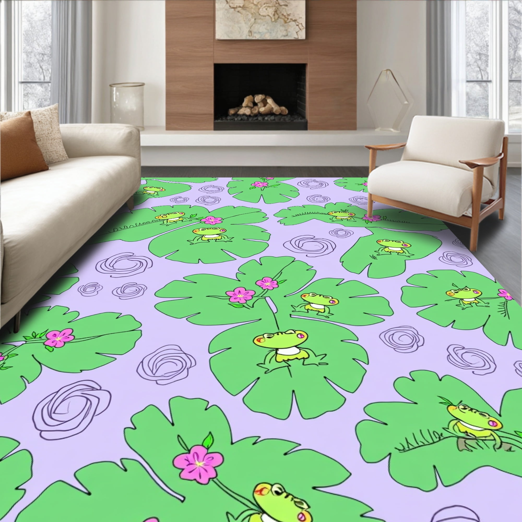 ODIKA 6'x9' Machine Washable Non-Slip Area Rug, Cartoon Frogs Amidst ...