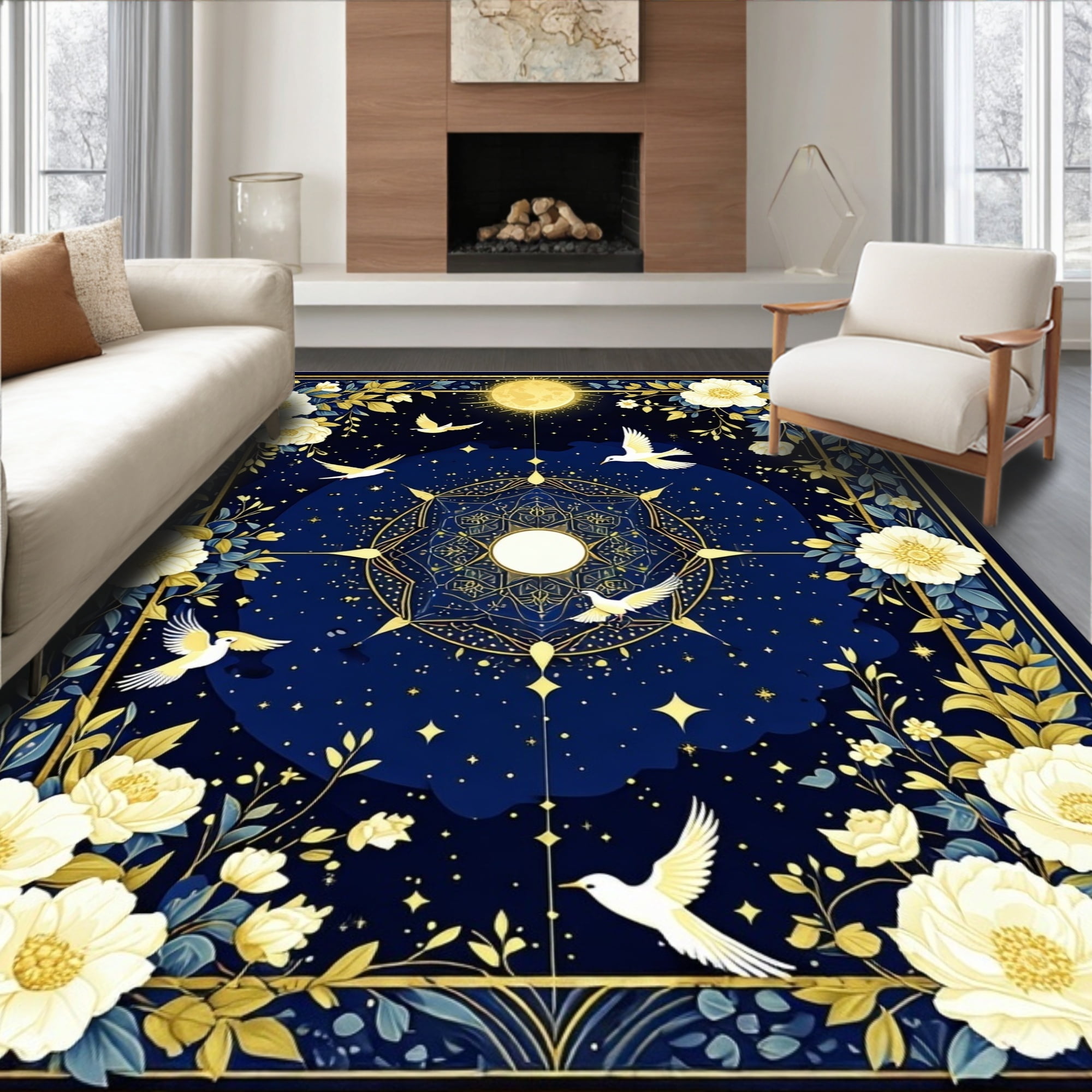 Flatwoven High Traffic Area Rug, Celestial Birds Navy Floral & Flight ...