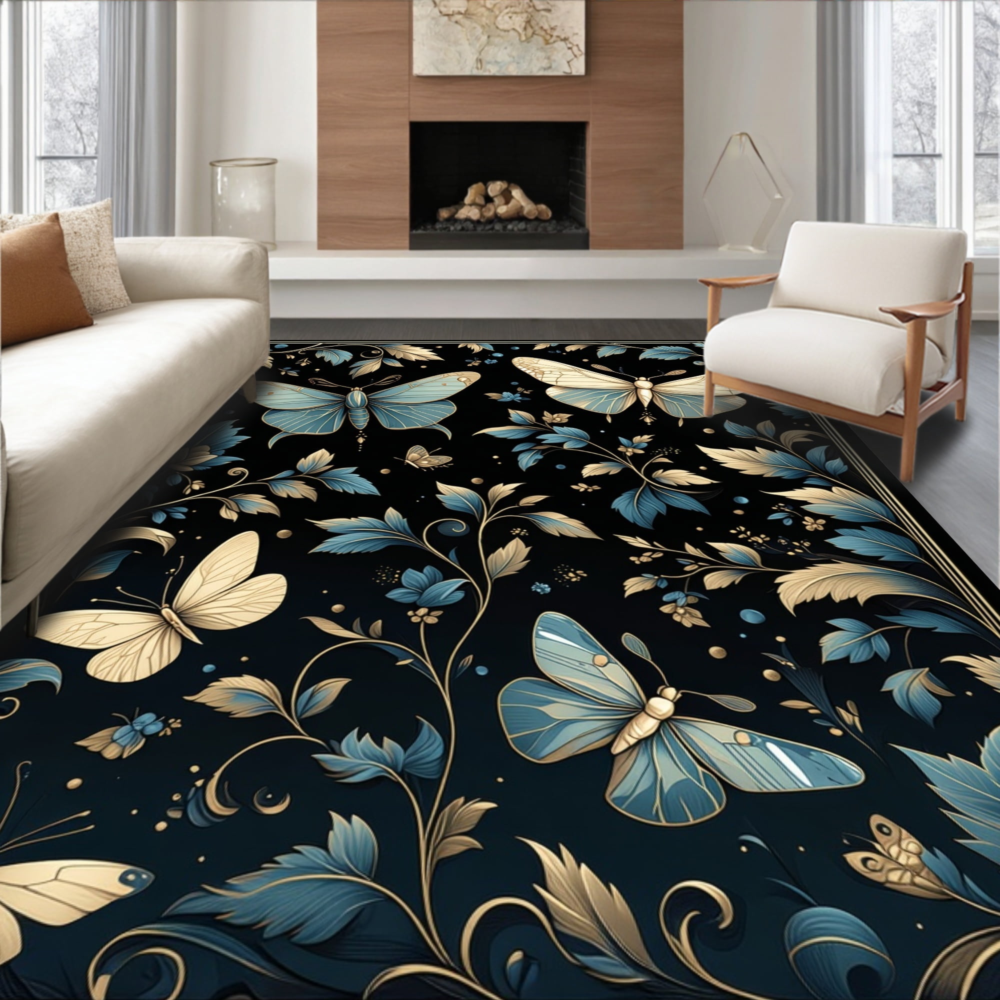 Flatwoven High Traffic Area Rug, Celestial Moth Botanical with Stylized ...
