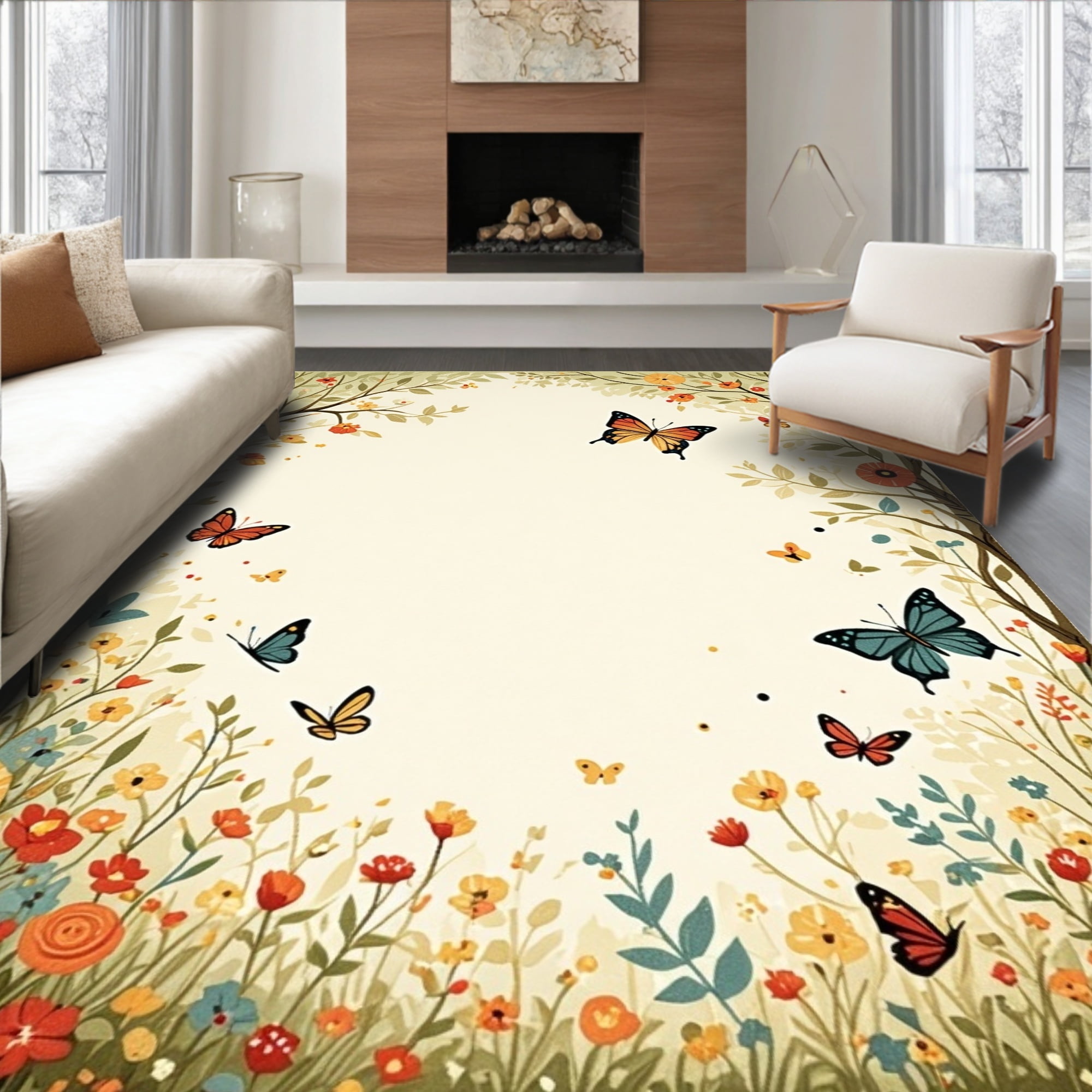 Flatwoven High Traffic Area Rug, Charming Floral Circle with Butterfly ...
