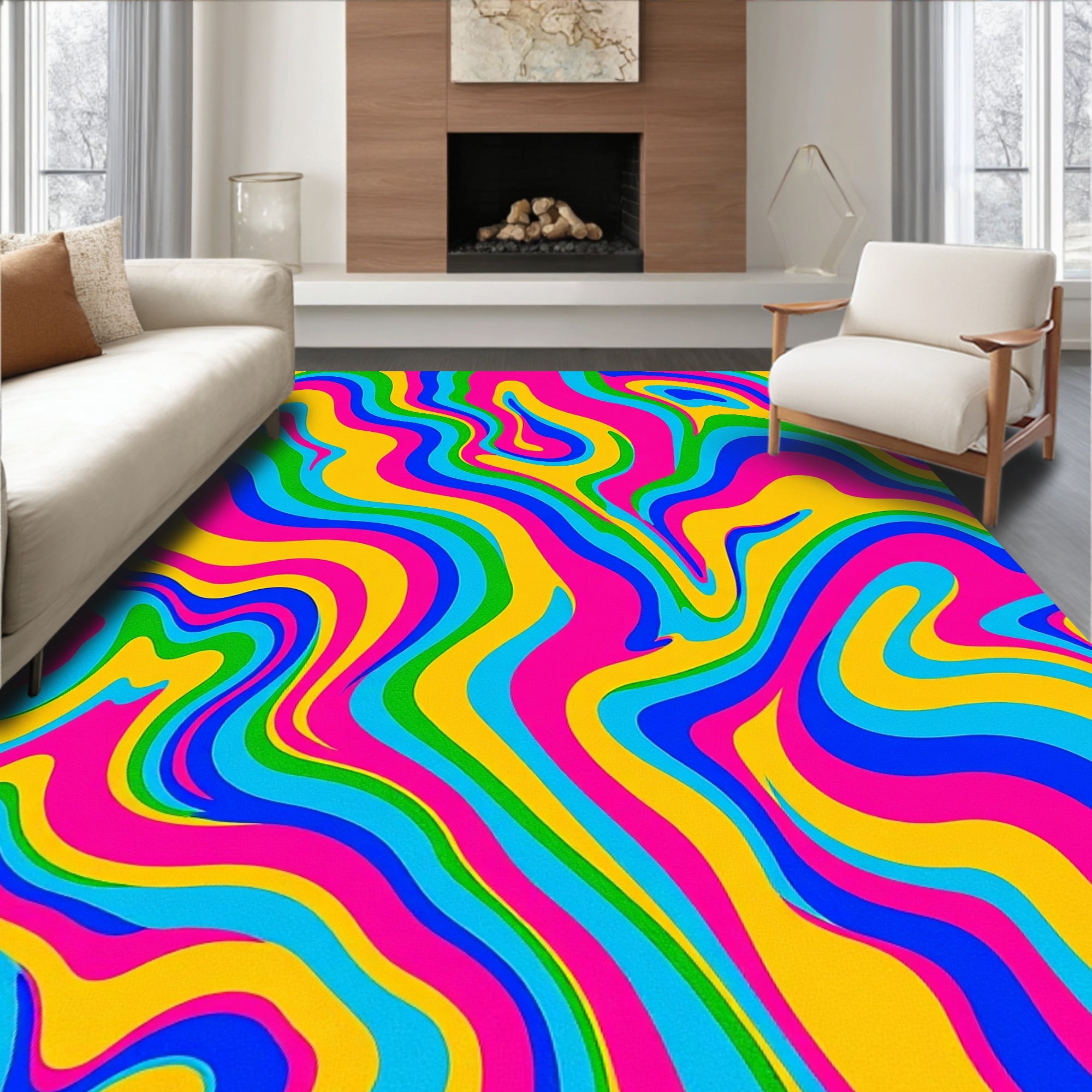 Flatwoven High Traffic Area Rug, Charming Playful Rainbow Wave Area for ...