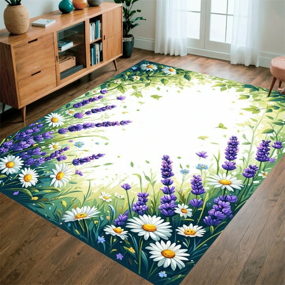 Flatwoven High Traffic Area Rug, Charming Spring Floral with Lavender ...