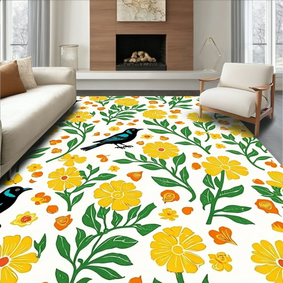 Flatwoven High Traffic Area Rug, Cheerful Garden Scene with Stylized ...