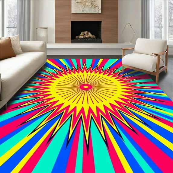 Flatwoven High Traffic Area Rug, Cheerful Sun Ray Burst Design Slip ...