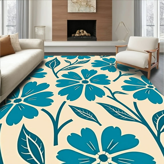 Flatwoven High Traffic Area Rug, Chic Abstract Floral Motif in Teal ...