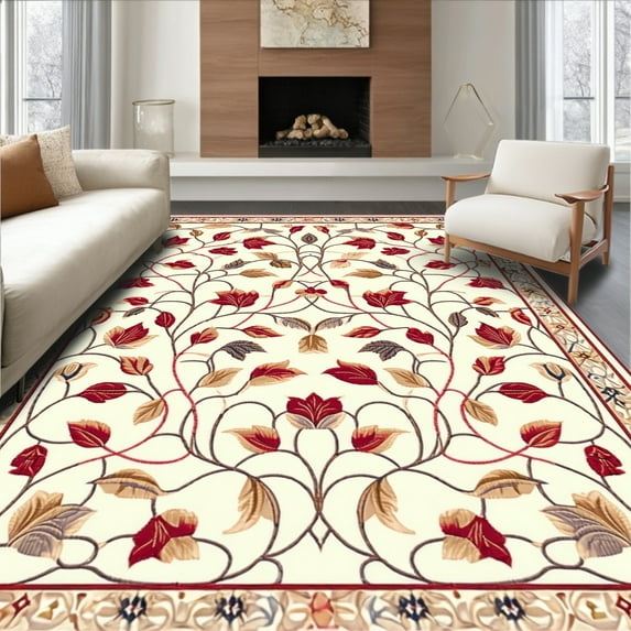 Flatwoven High Traffic Area Rug, Claret Vine Round Leaf Scrollwork, Non ...