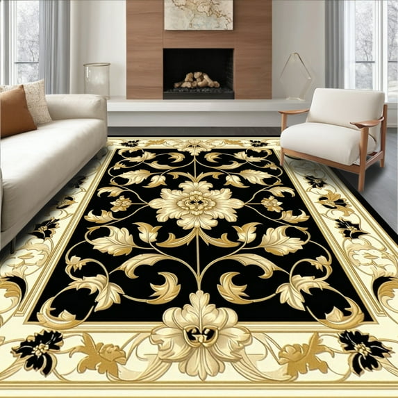 Flatwoven High Traffic Area Rug, Classic Damask with Rococo Flourish ...