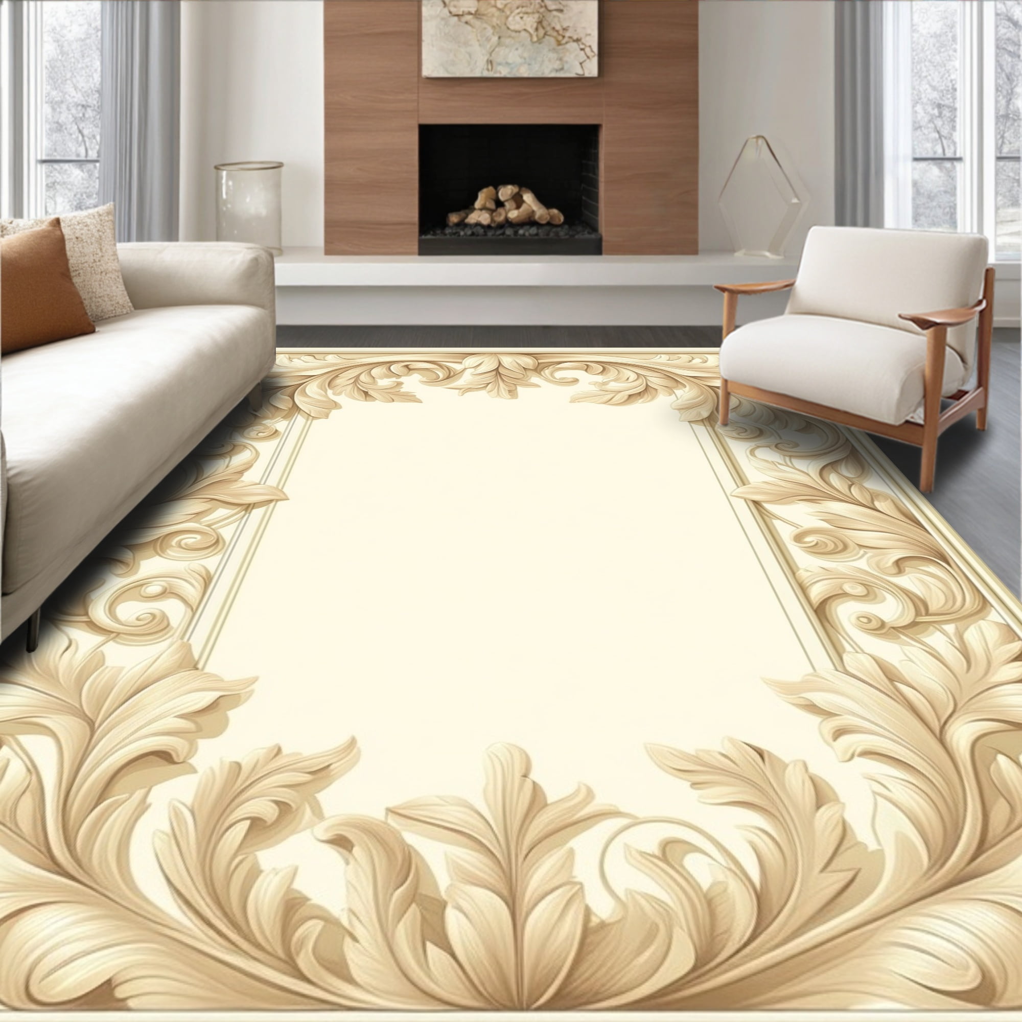 Flatwoven High Traffic Area Rug, Classical Acanthus Leaf Motif With ...