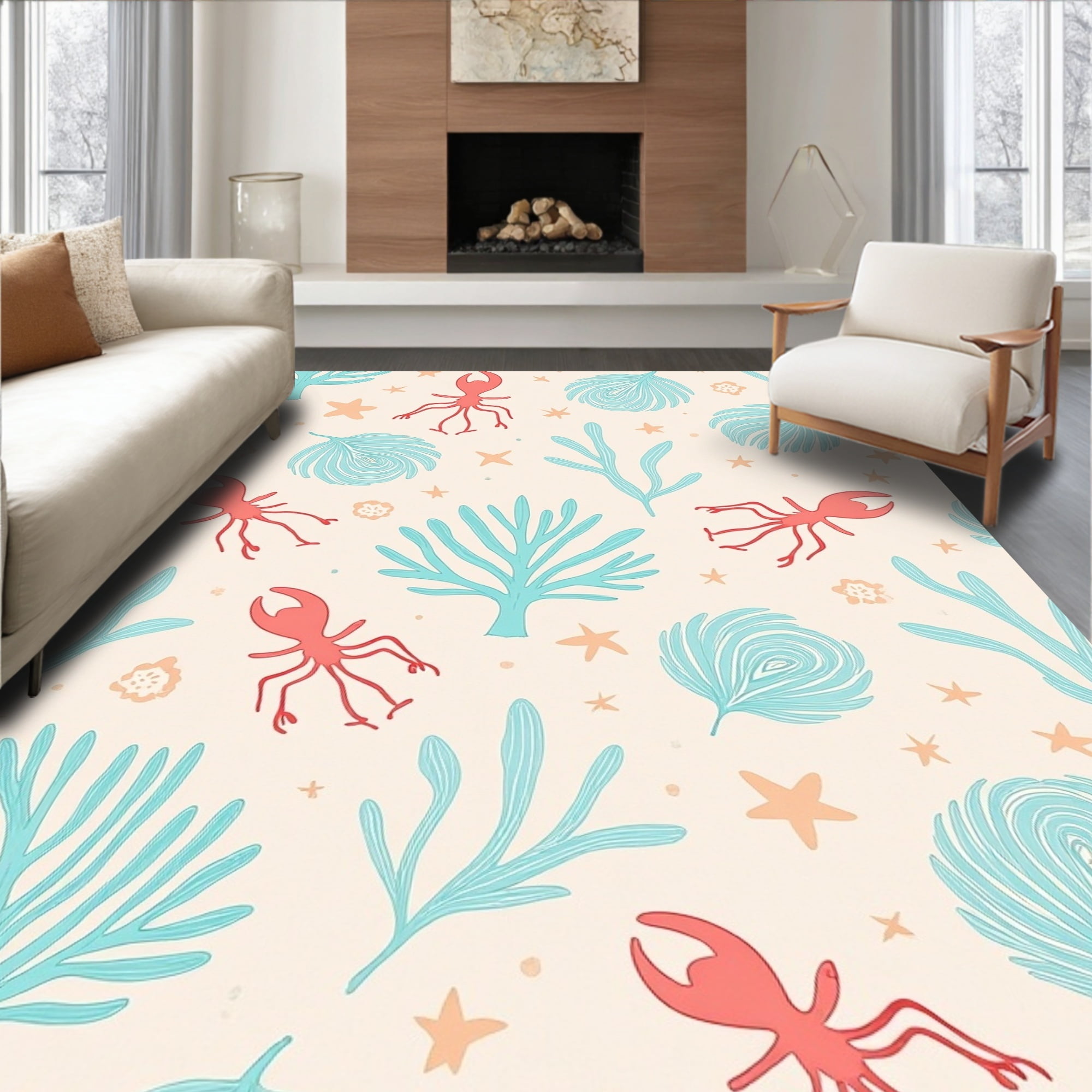 Flatwoven High Traffic Area Rug, Coastal Coral Reef with Lobster and ...